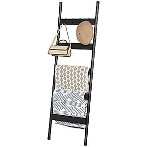 HOOBRO Blanket Ladder, 5-Tier Towel Rack with Hooks, Wall-Leaning Blanket Rack, Decorative Display Ladder Shelf, Scarves, Industrial, Living Room, Bedroom, Black BB52CJ01
