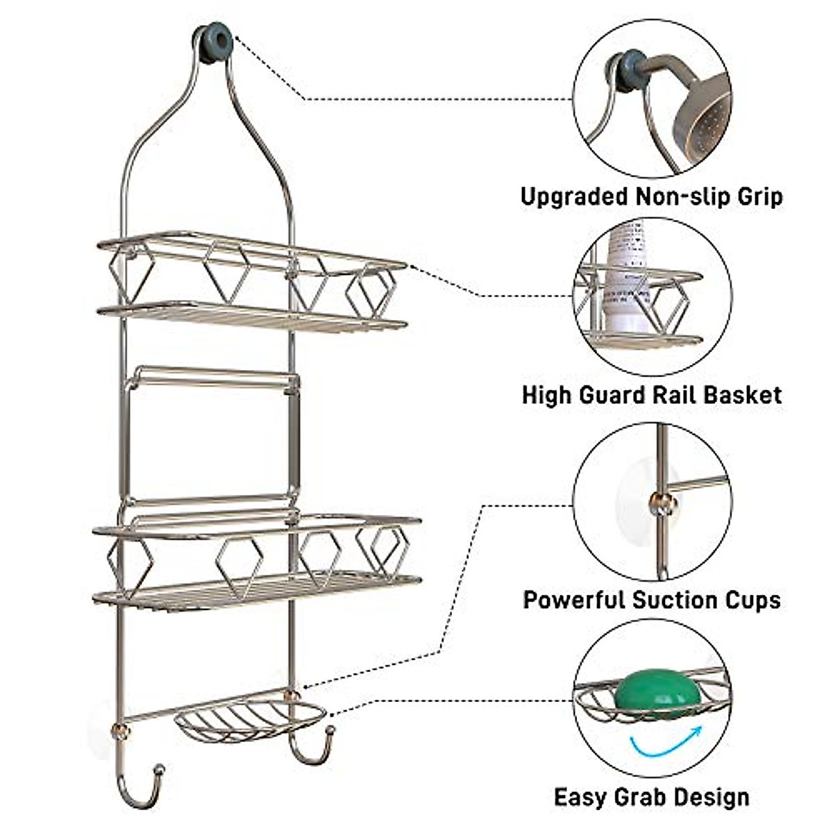 GeekDigg Lid Organizer for Plastic Lids for Cabinet, with 6 Adjustable Dividers & Bathroom Hanging Shower Head Caddy Organizer, Three Tier, Rust Proof Premium Hanger Design With Suction Cups, Hooks