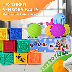 ROHSCE Baby Building Toys & Sensory Toys Set: 9 Building Blocks, 4 Textured Sensory Balls - Soft Colorful Baby Teething & Bath Toys, Stacking Blocks Toys, Educational Toys