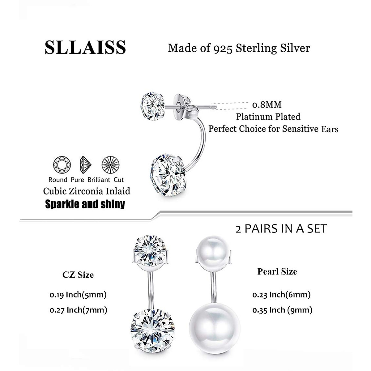 Sllaiss 2 Pairs Sterling Silver Double Ball Ear Jacket Earrings Set Cubic Zirconia Round Pearl Jewelry for Women (Silver)
