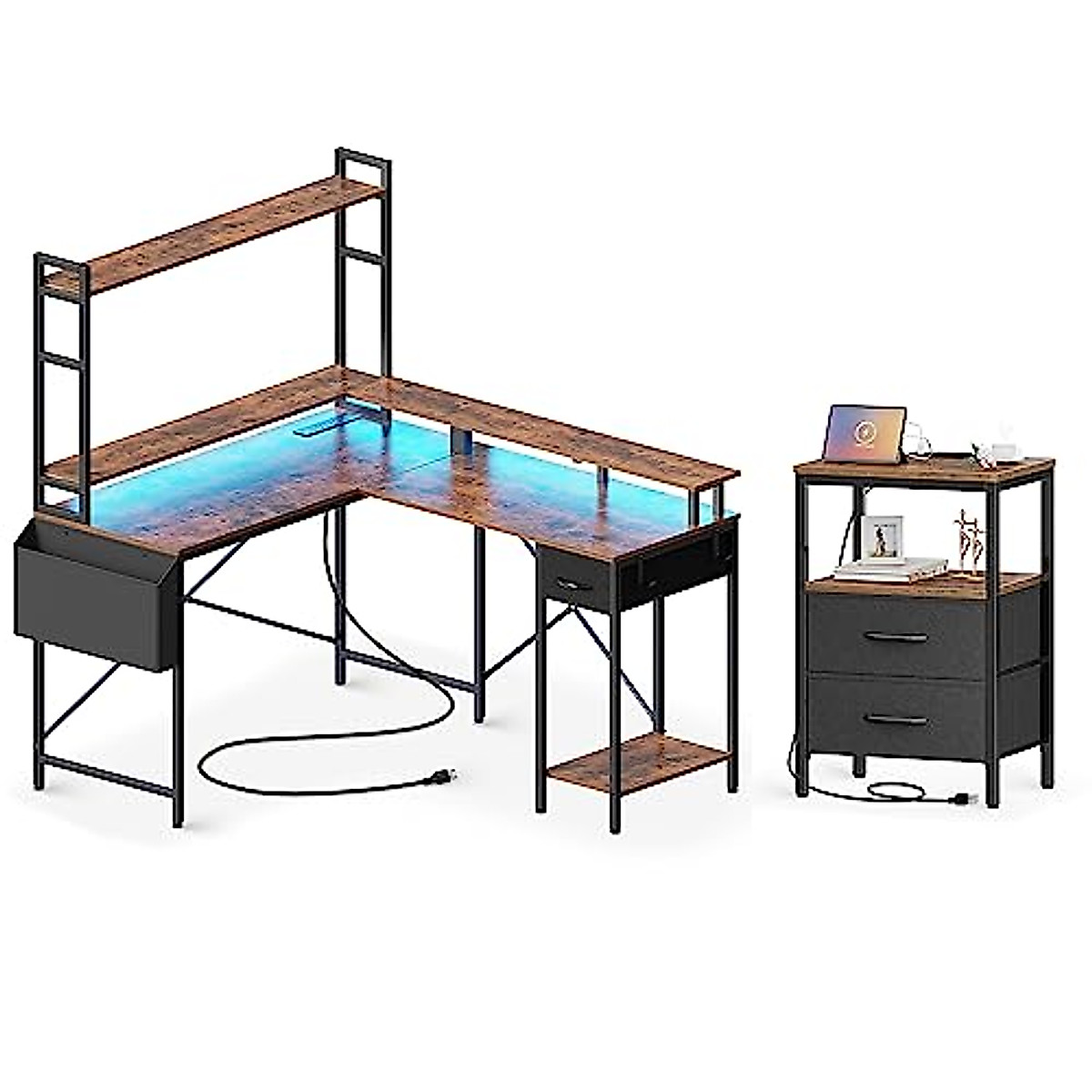Huuger L Shaped Desk Computer Desk with LED Lights & Power Outlets Nightstand with Charging Station