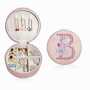 Travel Jewelry Case Travel Portable Personalized Pink Flower Jewelry Box for Necklace Earring Ring Organizer Storage Holder Boxes Accessory Unique Birthday Gifts for Women Teen Girls Initial B