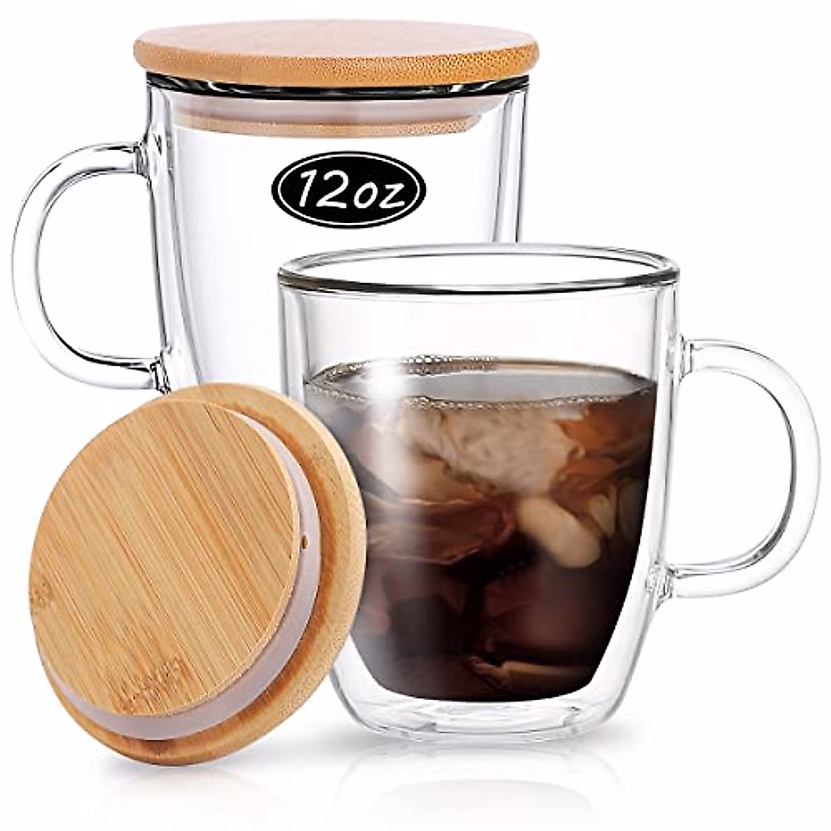 Wwyybfk Double Wall Glass Coffee Mugs,12oz Insulated Glass Espresso Mugs Cups with Handle Lid (Set of 2) for Cappuccino, Latte, Tea (340ml)