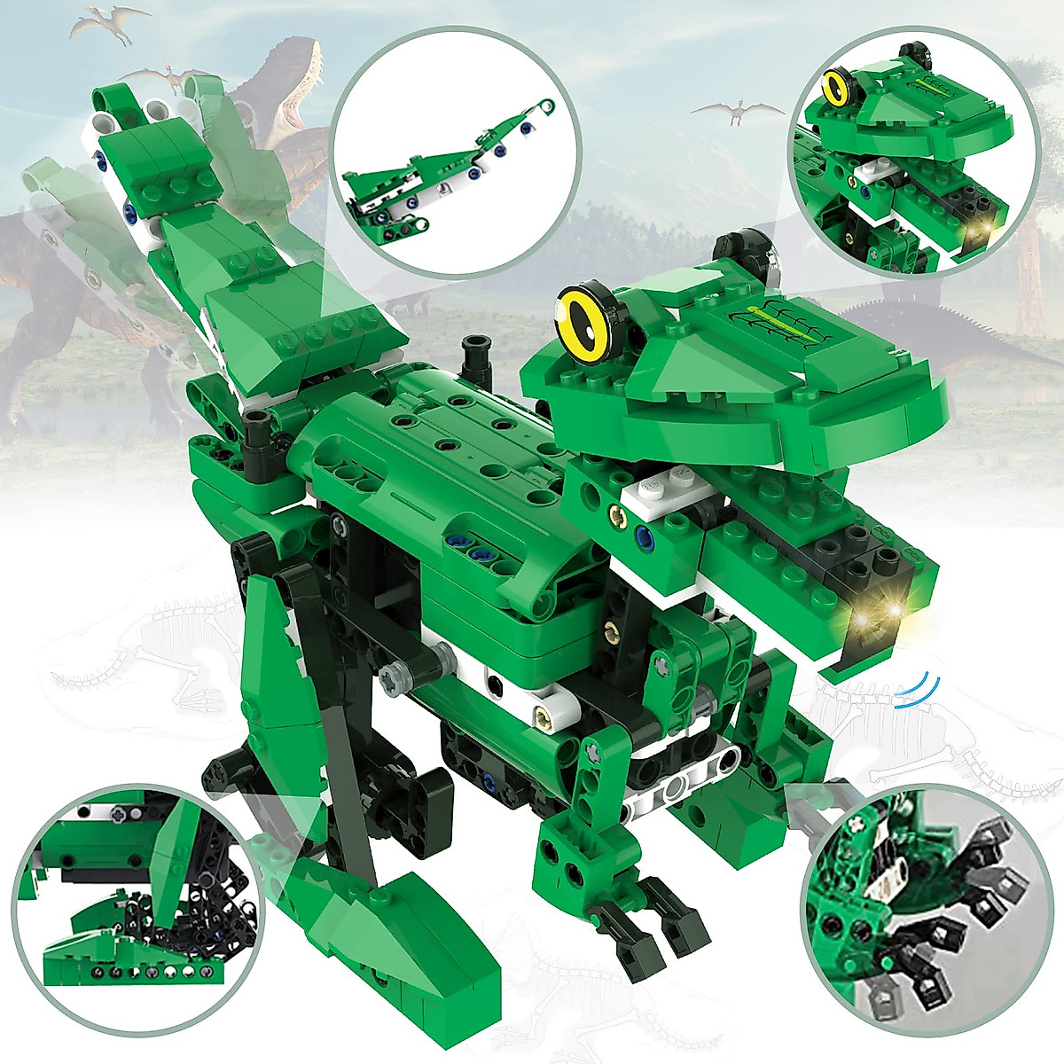 QLT Dinosaur Building Toy, Compatible with Lego, Moved by Gesture or Voice Control, STEM Building Kit Best Gift for Jurassic Lovers Age 8 9 10 11 12+
