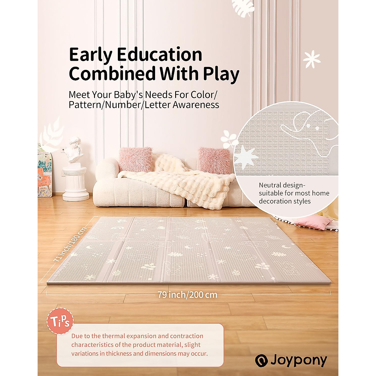 Joypony Foldable Baby Play Mat, 2 in 1 Fabric and XPE Surface Anti-Slip, 79x71x0.6 inch Extra Thick, Ideal for Infants Toddlers Kids Crawling, Non-Toxic, Waterproof Easy to Clean with Storage Bag