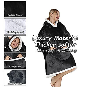 Wearable Sherpa Oversized Blanket Hoodie, Super Soft Warm Sweatshirt with Hood Pocket and Sleeves, Thick Plush Hooded Blanket for Women Men, One Size Fits All, Grey