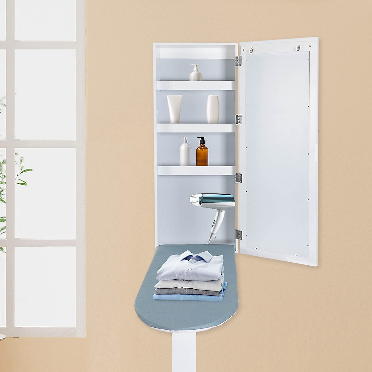 Wall Mounted Ironing Board with Storage Cabinet, Built in Ironing Board & Folding Support Leg, Wall-Mounted Mirrors for Home, Apartment & Small Spaces