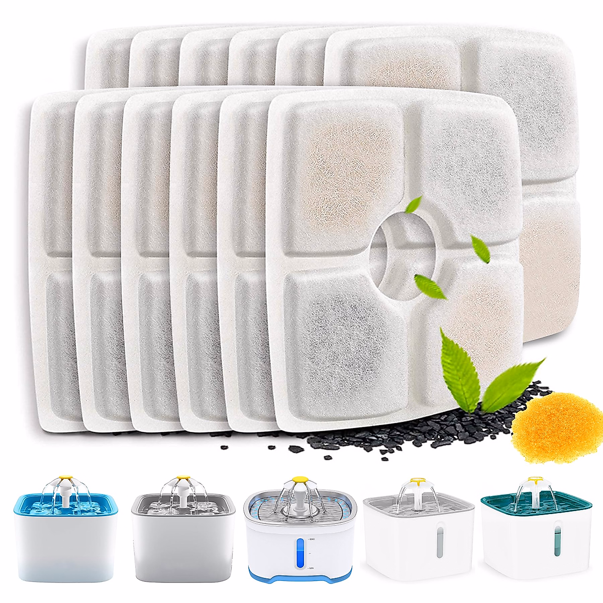 PewinGo Cat Water Fountain Filter 12 Pack for 84oz/2.5L Automatic Pet Fountain Cat Water Fountain Dog Water Dispenser, Cat Fountain Filter Replacement 3 Triple Filtration System