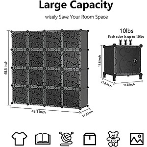 Cube Storage Organizer, 16-Cube Closet Organizer with Doors, 12" × 12" Modular Storage Book Shelves, Plastic Stackable Cubes Cabinet Wardrobe for Bedroom, Home, Black (4 × 4 Cubes)