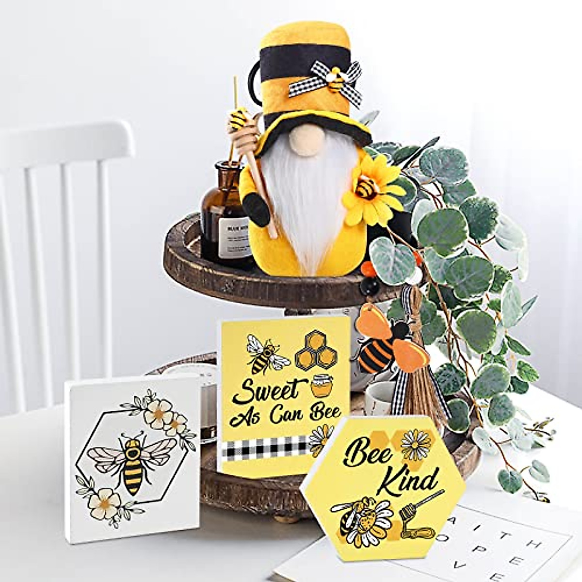5 pcs Honey Bee Gnome Tiered Tray decor (Tray Not Included) - Bumble Bee Gnome Plush, Bee World Day Wooden Sign, Bee Wooden bead garland ,for Spring and Summer kitchen table decor