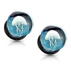 Pierced Owl Glass Floating Jellyfish Blue Double Flared Saddle Plug Gauges, Sold as a Pair (8mm (0GA))
