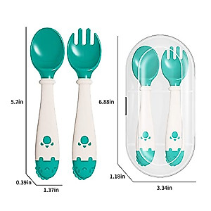 Deejoy Toddler Utensils with Travel Case, Baby Spoons and Forks Set for Self Feeding, Silicone Bendable Handle, Easy Grip Heat-Resistant, Self-feeding Flatware Sets for Kids (Stage 2) Green
