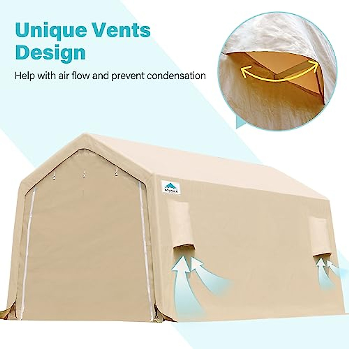 ADVANCE OUTDOOR Carport 10X20 ft Heavy Duty Outdoor Patio Anti-Snow Portable Canopy Storage Shelter Shed with 2 Rolled up Zipper Doors & Vents for Snowmobile Garden Tools, Beige