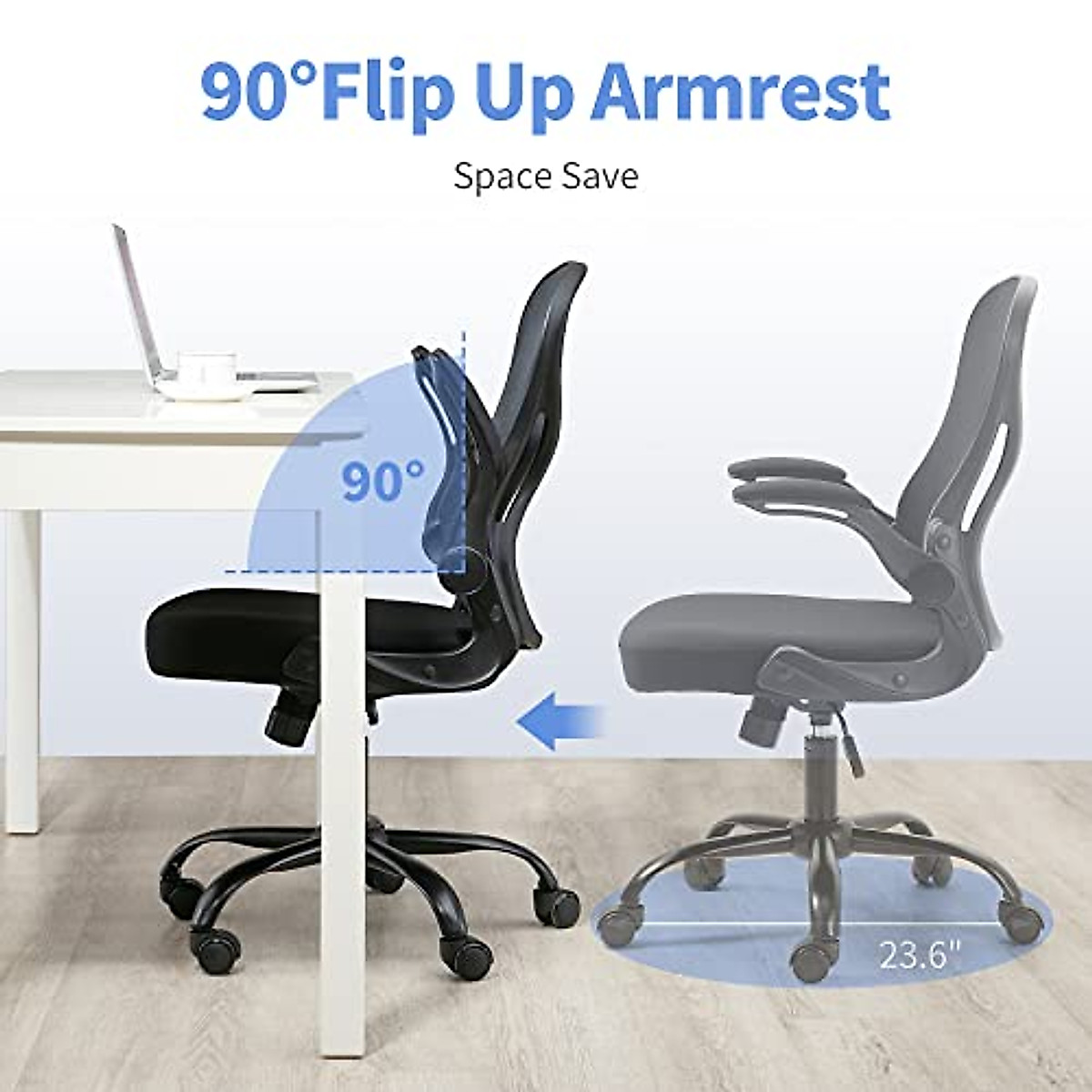 HOMEFUN Desk Chair with Wheels, Black Office Chair, Ergonomic Mesh Rolling Chair with Flip-up Armrests and Lumbar Support, Swivel Task Computer Chair