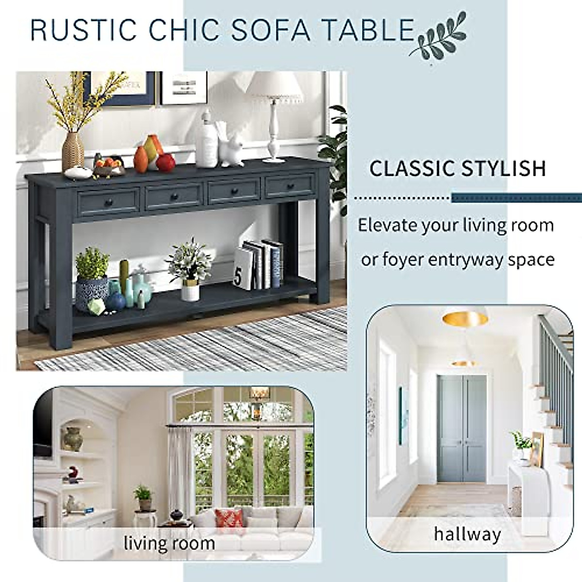 Goohome Rustic Entryway Console Sofa Table with 4 Drawers and Bottom Shelf, Large Storage Space for Living Room Kitchen Hallway Bedroom, Navy