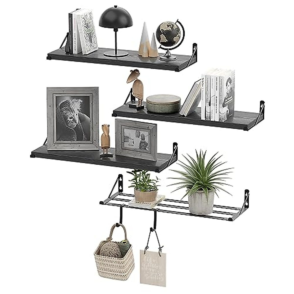 Veluckin Floating Shelf,Wall Mounted Rustic Wood Shelves for Bathroom, Study Room, Living Room, Kitchen,（16in,Set of 3+1,Black）