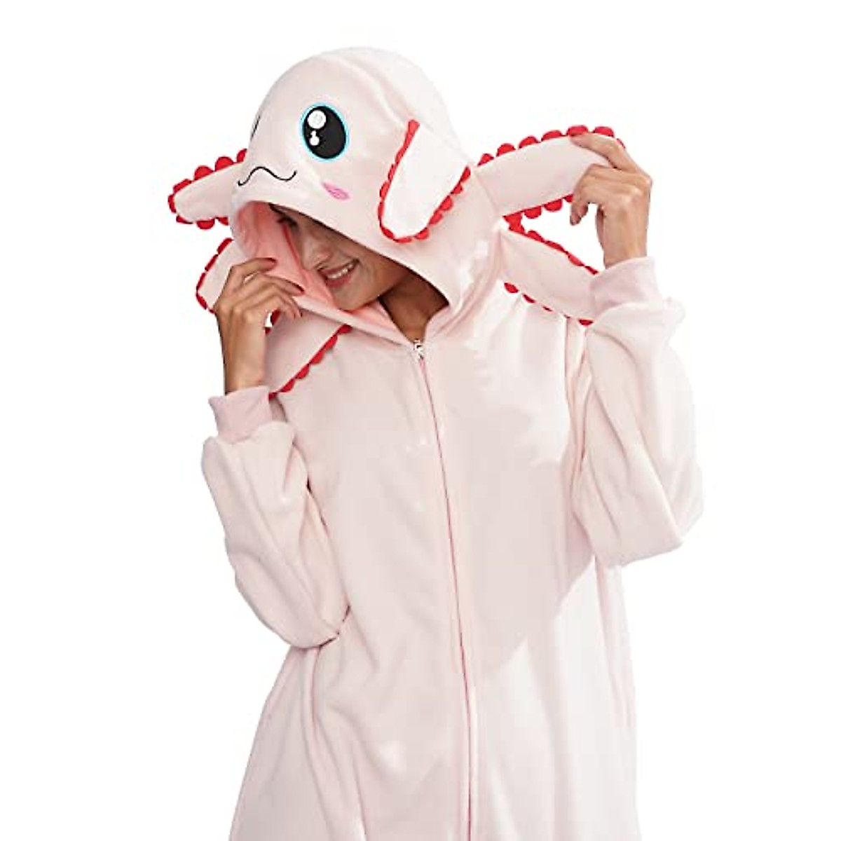 XIGUAGUO Adult Onesie Axolotl Cosplay Costume Animal Plush Homewear Sleepwear Jumpsuit for Men Women Girls Boys Teens