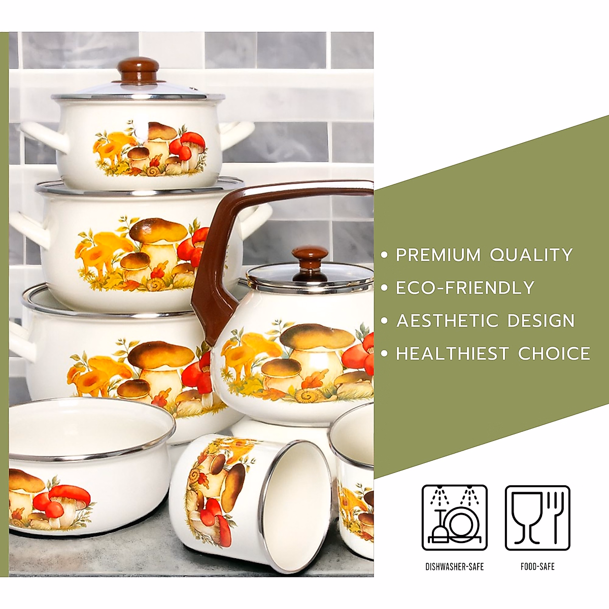 Enameled Aluminum Tea Kettle Mushrooms Enamel Kettle 2.3-qt. (2.2 L) Hot Water TeaKettle pot for Stovetop Teapot Ideal for Camping