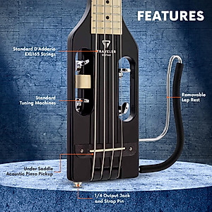 Traveler Guitar Ultra-Light Gloss Black Bass Guitar | Small Bass Travel Guitar with Removable Lap Rest | 30" Scale Portable Headless Guitar | Mini Guitar with Custom Gig Bag