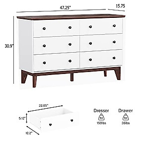 JOZZBY 6-Drawer Double Dresser with Wide Drawers,White Dresser for Bedroom, Wood Storage Chest of Drawers for Living Room Hallway Entryway