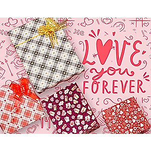 GIOLNIAY Valentine's Day Wrapping Paper for Men Women - Red Heart, White&Red Plaid, Brown&Black Plaid, Pink Gift Wrap for Wedding, Birthday, Mother's Day, Father's Day, 74*52CM per Sheet (8 Folded Sheets), Recyclable, Easy to Store