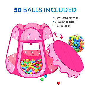Playz Ball Pit Princess Castle Play Tent for Girls w/ 50 Balls Included - Pop Up Children Play Tent for Indoor & Outdoor Use - Playland Playhouse Tent w/ & Glow in The Dark Stars & Zipper Storage Case