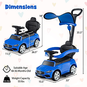 HONEY JOY Ride On Push Car, Licensed Mercedes-Benz Push Cars for Toddlers, Adjustable Canopy & Seat Storage, Horn, Toddler Push Car with Handle, Ride On Toy for Boys Girls(Blue)