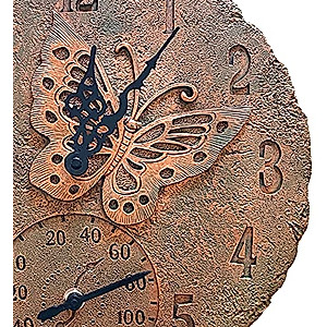 Lily's Home Hanging Wall Clock, Includes a Thermometer, Ideal for Indoor and Outdoor Use, Wonderful Housewarming Gift for Friends, or for Any Butterflies Lovers, Polyresin