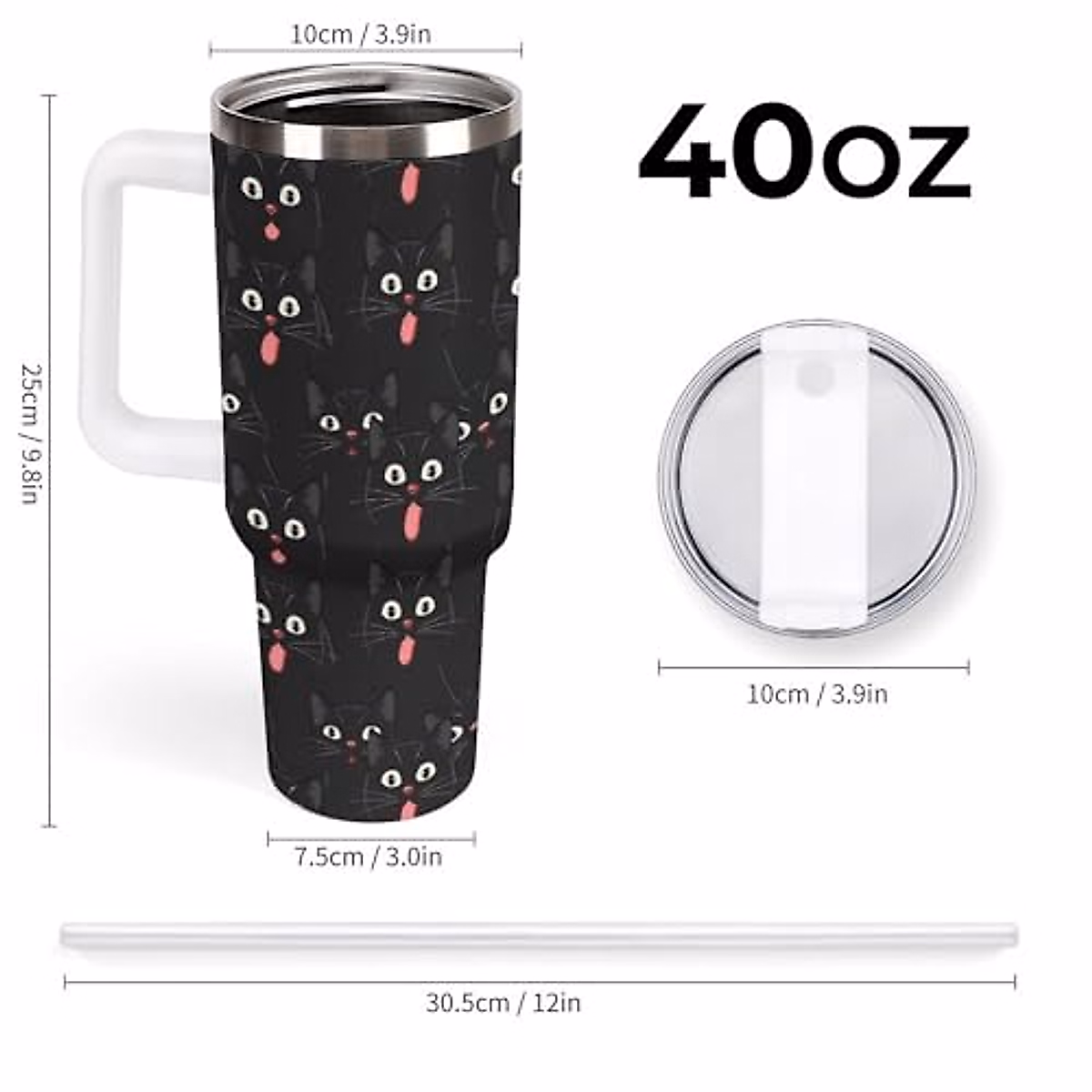 Black Cat 40OZ Tumbler Stainless Steel Travel Mug Water Bottle Car Cup Tea Cups with Lid White-style
