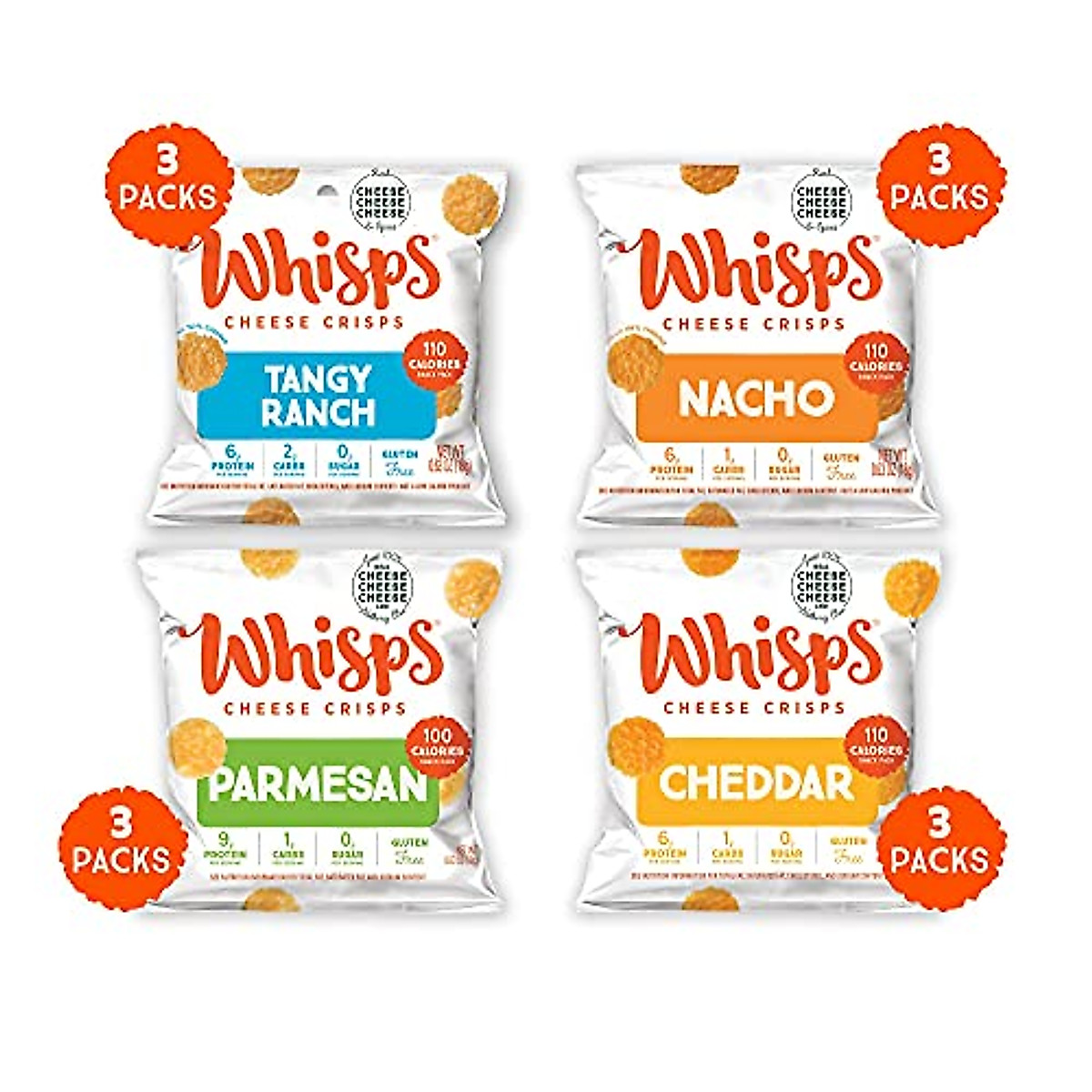 Whisps Cheese Crisps - Parmesan, Cheddar, Tangy Ranch & Nacho Cheese Snacks, Keto Snacks, 6-9g of Protein Per Bag, Low Carb, Gluten & Sugar Free, Great Tasting Healthy Snack, All Natural Cheese Crisps - Variety, .63 Oz (Pack of 12)