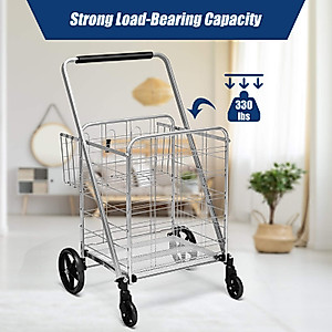 Goplus Folding Shopping Cart, Jumbo Double Basket Utility Grocery Cart 330lbs Capacity with 360° Rolling Swivel Wheels, Portable Heavy Duty Cart for Laundry Shopping Grocery