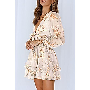 PRETTYGARDEN Women's Short A-Line Flare Dress Knot Front Long Sleeve V Neck Tiered Ruffle Swing Mini Skater Dresses (Apricot Floral,Medium)