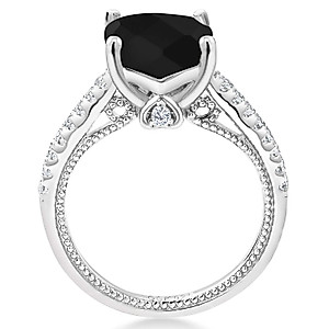 Gem Stone King 925 Sterling Silver Black Onyx and White Created Sapphire Engagement Ring For Women (4.07 Cttw, Cushion Checkerboard Cut 10MM, Gemstone Birthstone, Available In Size 5, 6, 7, 8, 9)