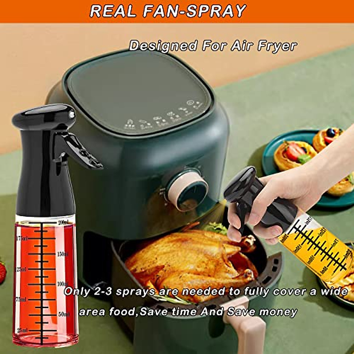 Olive Oil Sprayer for Cooking, 200ml Glass Oil Sprayer Mister, Olive Oil Spray Bottle, Refillable Food Grade Oil Vinegar Spritzer Sprayer Bottles for Kitchen, Widely Used Air Fryer, Salad, Baking
