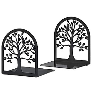 MAXFOUNDRY Bookends Pair - Book Ends to Hold Books, Tree of Life - Home, Office & Bookshelf Decorative Book Stopper - Rust-Proof Metal & Anti-Slip - Shelves Bookend Holder - Black