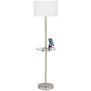 360 Lighting Caper Modern Floor Lamp with Tray USB and AC Power Outlet on Table Glass 60.5" Tall Satin Nickel White Fabric Drum Shade for Living Room Reading House Bedroom