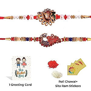 SATVIK 2 Pc Rakhi for Brother Bhaiya Bhabhi Traditional Handmade Premium Quality Assorted Set Roli Chawal, Greeting Card & Soun Stickers Rakhi Thread Rakhdi Bracelets Rakshabandhan