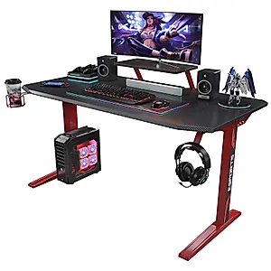 Foxemart Gaming Desk 47 inch PC Gaming Desk, Game Computer Desk Workstation, T-Shaped Professional Gaming Desk, Home Office Computer Table with Cup Holder & Headphone Hook