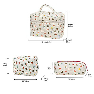 BILIPOPX 3 Pack Kawaii Cute Makeup Bag Bear Aesthetic Travel Quilted Cotton Cosmetic Bag Organizer Toiletry Pouch for Women Teen Girls (Bear Flower)