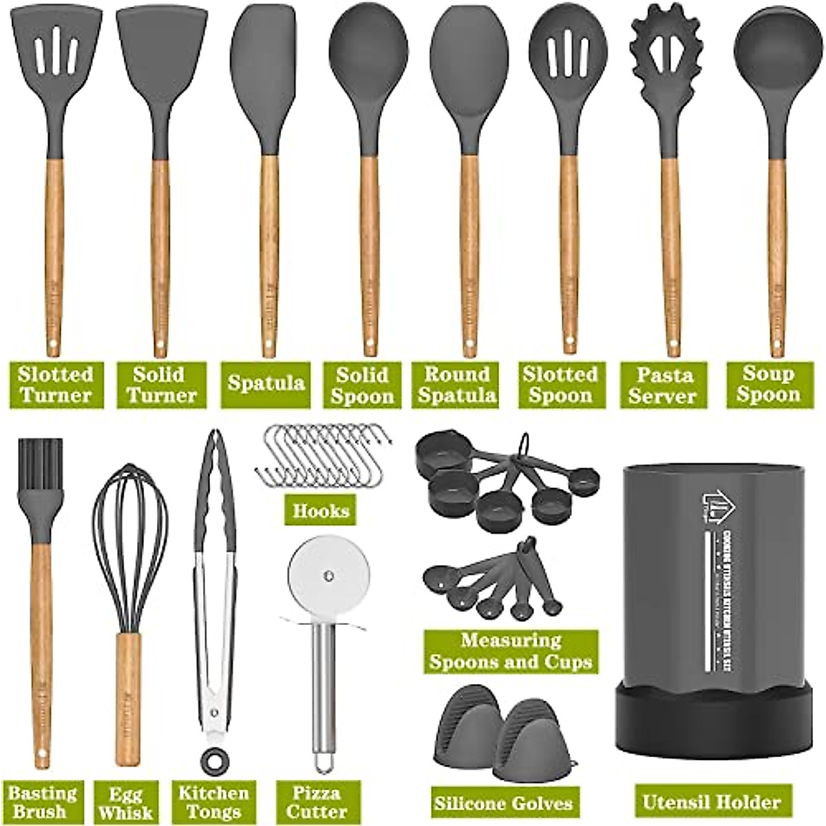 Silicone Cooking Utensil Set, 35 Pcs Kitchen Utensils Cooking Utensils Set by Fungun, Non-stick Heat Resistant Kitchen Gadgets Cookware with Natural Wooden Handle -(Gray)