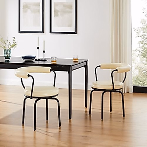 Art Leon Swivel Dining Chairs, Set of 2, Faux Leather Upholstered Dining Room Chairs, Modern Accent Armchairs with Black Metal Legs for Kitchen Living Room Bedroom, Off White