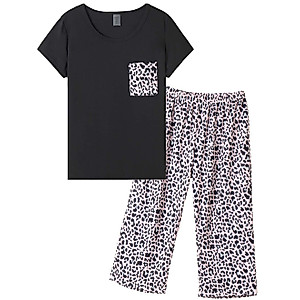 HONG HUI Women's Capri Pajama Sets Plus Size Stylish Print SleepWear with Pocket Black