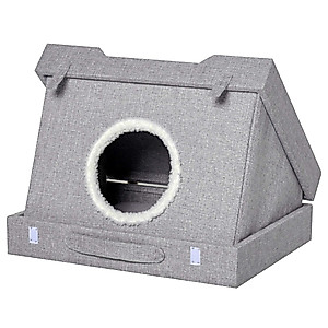 PawHut Cat House Foldable 2 in 1 Design Condo Pet Bed with Removable Washable Cushions Scratching Pad, Grey
