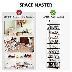 HODYANN 10 Tiers Shoe Rack, 20 Pairs Narrow Shoe Rack Organizer, Space Saving Non-Woven Fabric Metal Shoe Shelf, Stackable Large Shoe Rack for Closet (Black-N)
