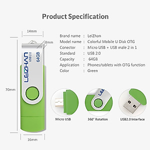 leizhan 64gb Flash Drive for Android Phone, Phone Picture Stick for Samsung Galaxy S7/S6/S5/S4/S3/Xiaomi/Meizu/HTC/Nokia/Moto/Huawei, USB 2.0-Micro,Green