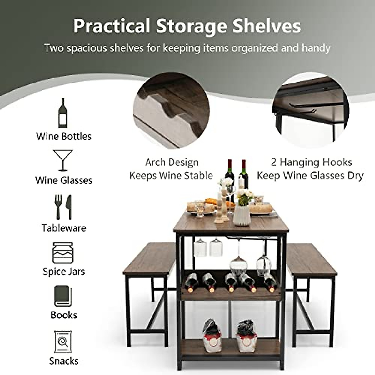 COSTWAY 3-Piece Dining Table Set for 4, Rustic Pub Dining Table with 2 Benches, 2 Storage Shelves and Glass Holder, Breakfast Kitchen Table and Chairs Set for Small Space Kitchen Restaurant Bar