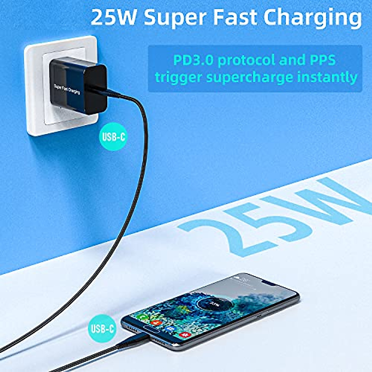 25W USB C Charger and Cable for Samsung Galaxy S23/S23 Plus/S21/S21 Plus/S22 Ultra/S20 FE Note 10 20 A53 A52 5G,A51 Z Flip 3 4/Z Fold 3,Pixel 6 Pro 4A 5 XL,Super Fast Charging Block Wall Power Adapter