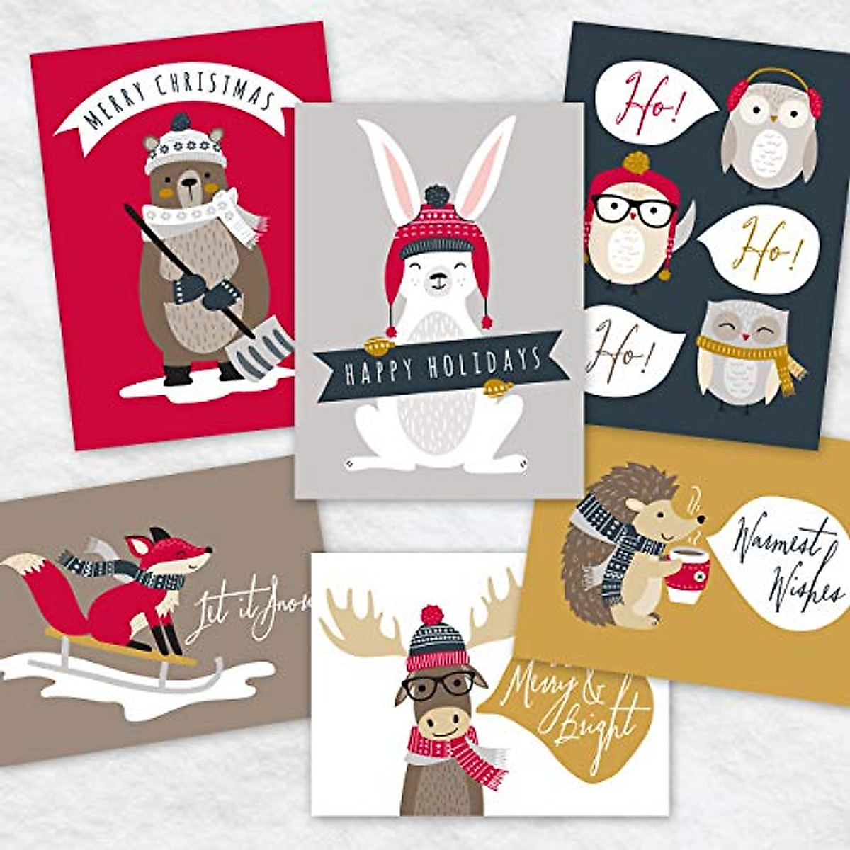 Woodland Animals Holiday Card Pack / 36 Cards And Envelopes Set / 6 Cards Of Each Winter Design/Cheerful Verses Inside/Christmas Greeting Card Set