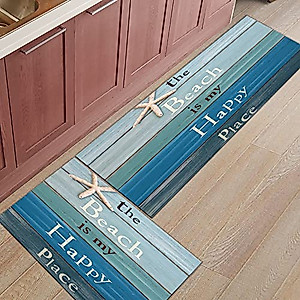 2 Pieces Kitchen Rugs and Mats Non Slip Rubber Backing Floor Carpet Accent Area Runner Thin Low Pile Indoor Doormat Set-The Beach Is My Happy Place-Rustic Wooden Plank Board Sign with Starfish