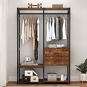 Karl home Freestanding Clothes Rack with 2 Drawers, Heavy Duty Garment Rack with 2 Hanging Rods, Clothing Shelves Metal Frame Wardrobe Closet Organizer for Shoes Coat Storage, Walnut Board 71.3" H